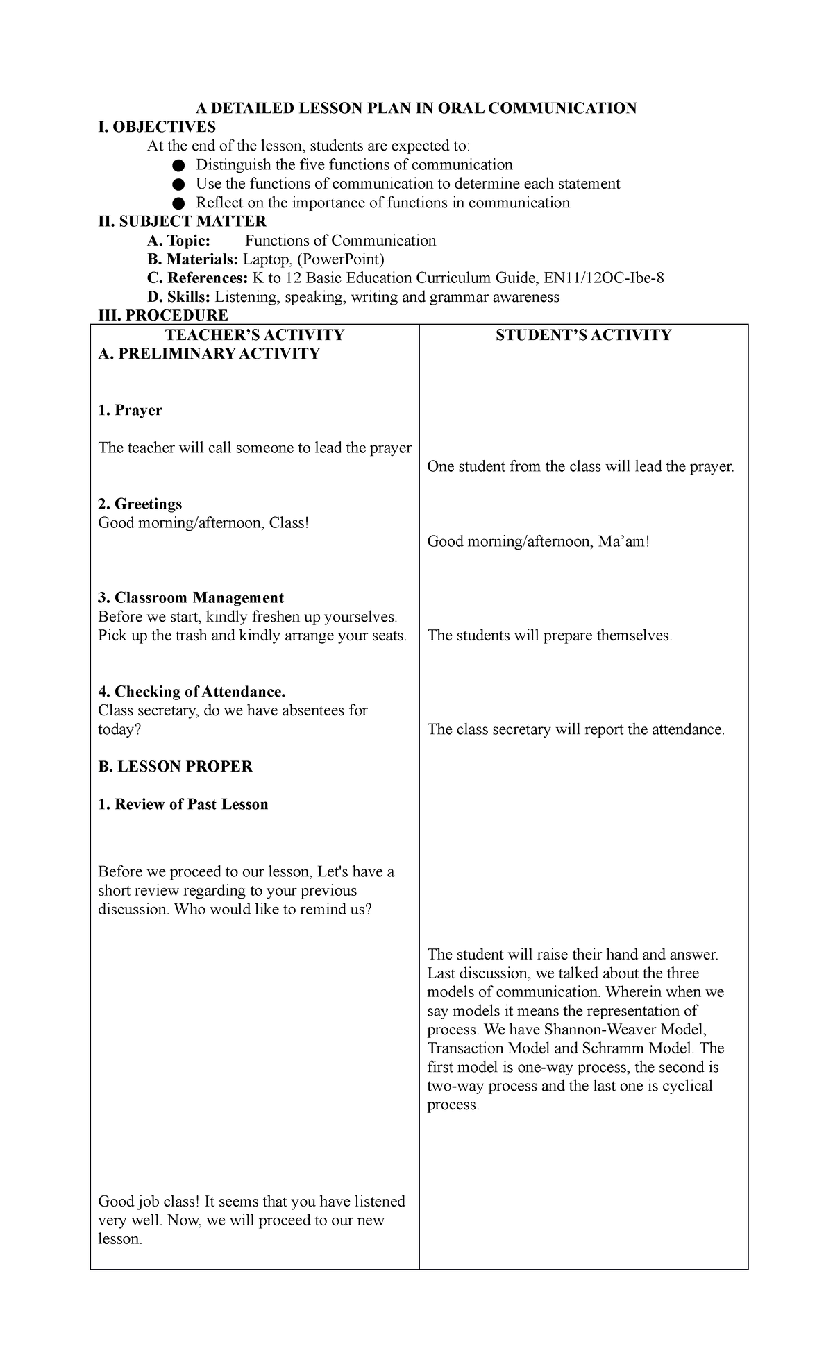 Functions of communication - A DETAILED LESSON PLAN IN ORAL COMMUNICATION I. OBJECTIVES At the ...