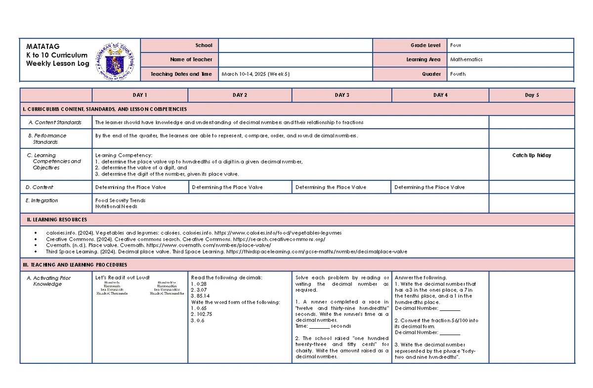 Grade Four Class Program Template SY 2024-2025 - Studocu