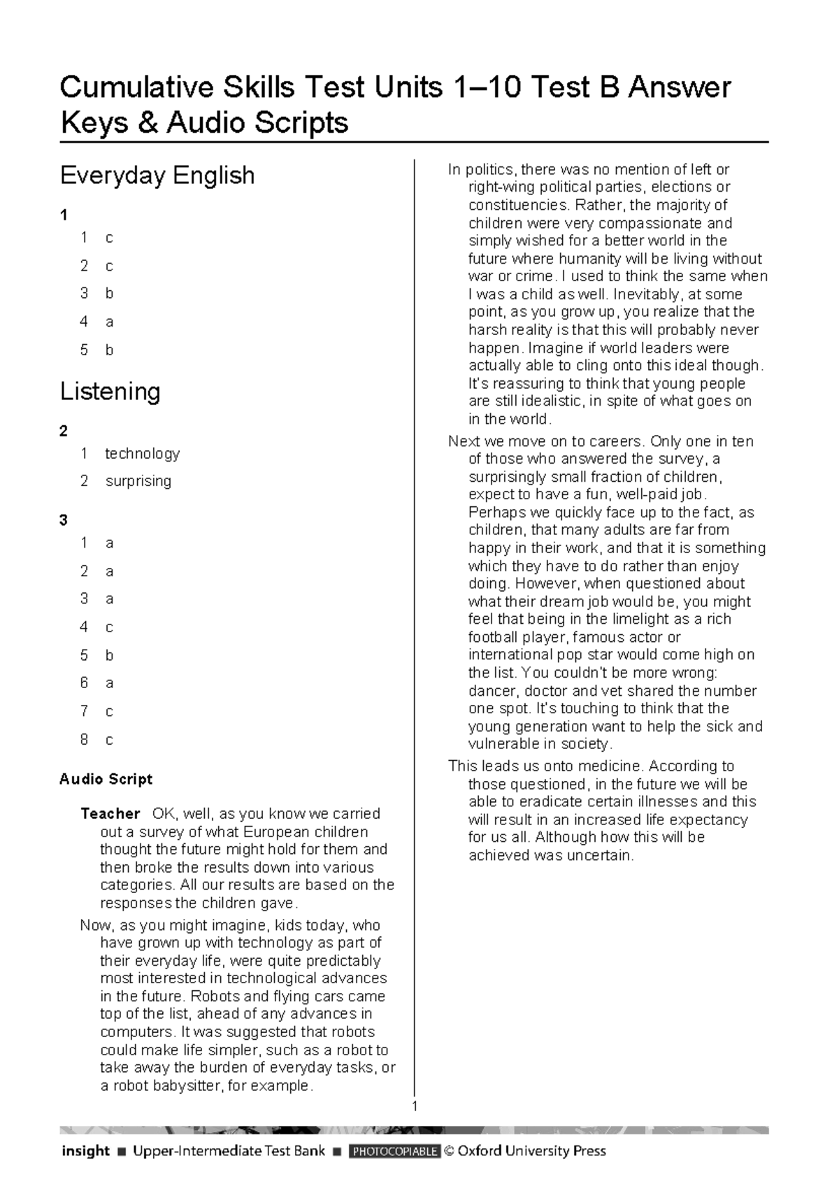 Cumulative Skills Test Units 1-10B Answer Key & Audio Transcript - Studocu