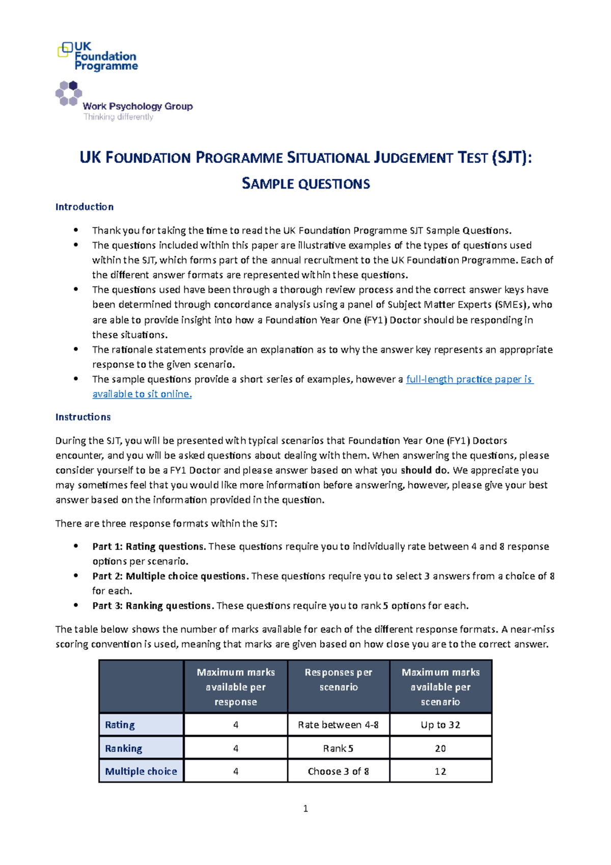 UK Foundation Programme SJT Sample Questions (Final Oct 2021) - Studocu