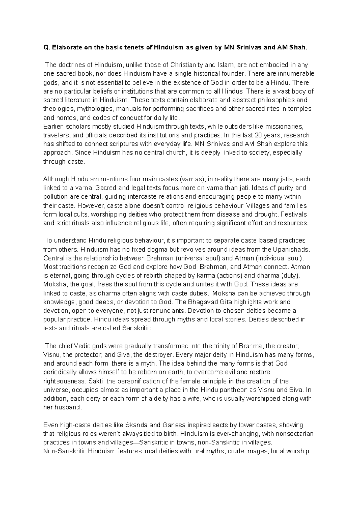 Hinduism Overview: Key Tenets from MN Srinivas & AM Shah - Studocu