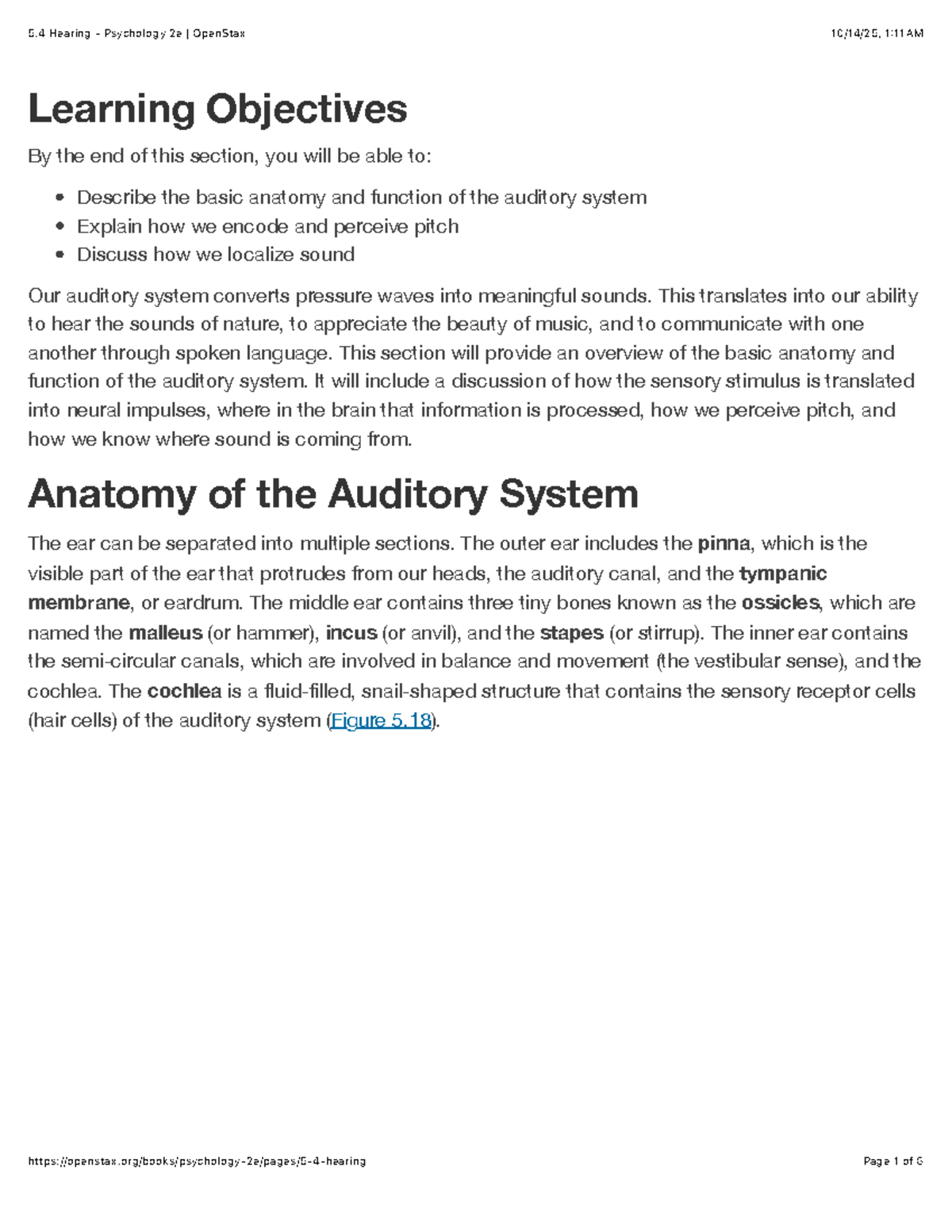 Hearing Mechanisms and Sound Localization - Psychology 2e - Studocu