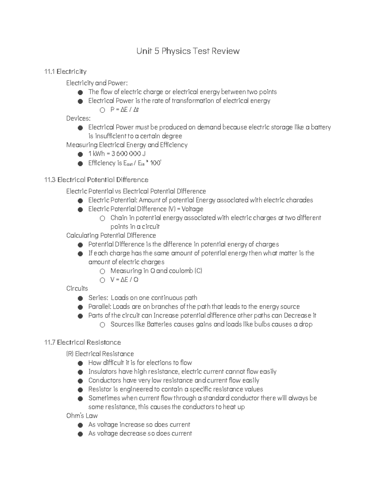 Unit 5 Phyiscs Test Review - Unit 5 Physics Test Review 11 Electricity ...
