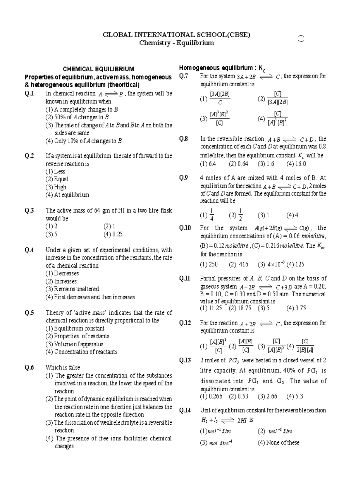GLOBAL INTERNATIONAL SCHOOL(CBSE) Chemistry Equilibrium Practice ...