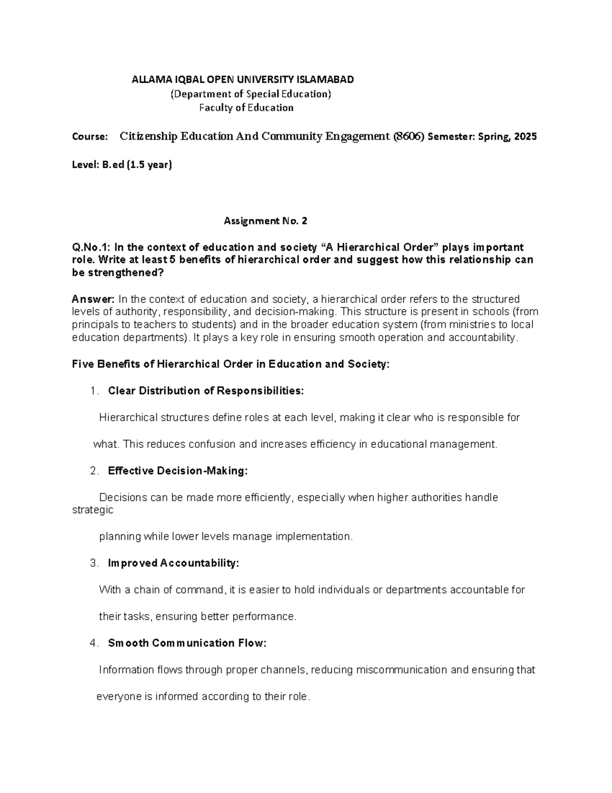 B.Ed (1.5 Year) 8606: Assignment 2 on Hierarchical Order & Motivation - Studocu