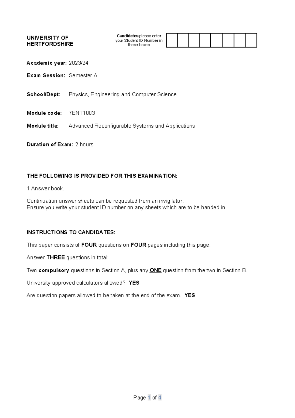 7ENT1003 - Advanced Reconfigurable Systems Exam Paper 2023-24 - Studocu