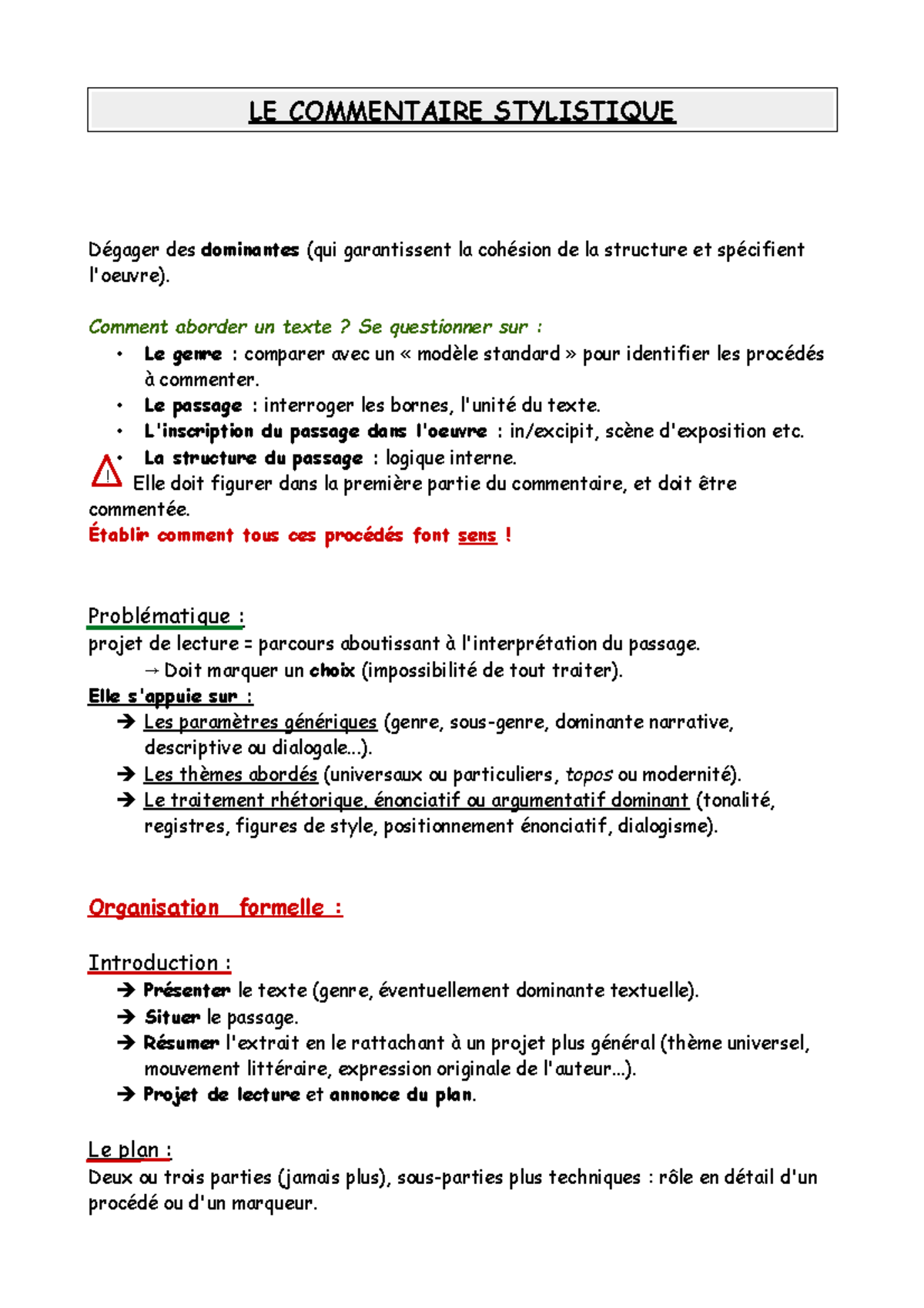Fiche Commentaire Stylistique - LE COMMENTAIRE STYLISTIQUE Dégager des ...
