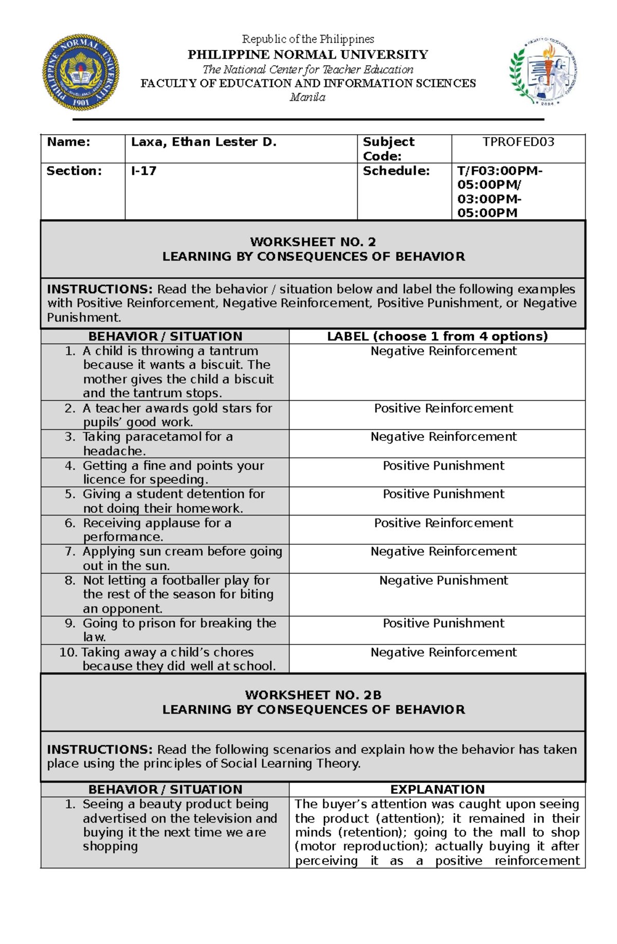 TPROFED03 Worksheet No. 2: Learning Consequences of Behavior - Studocu