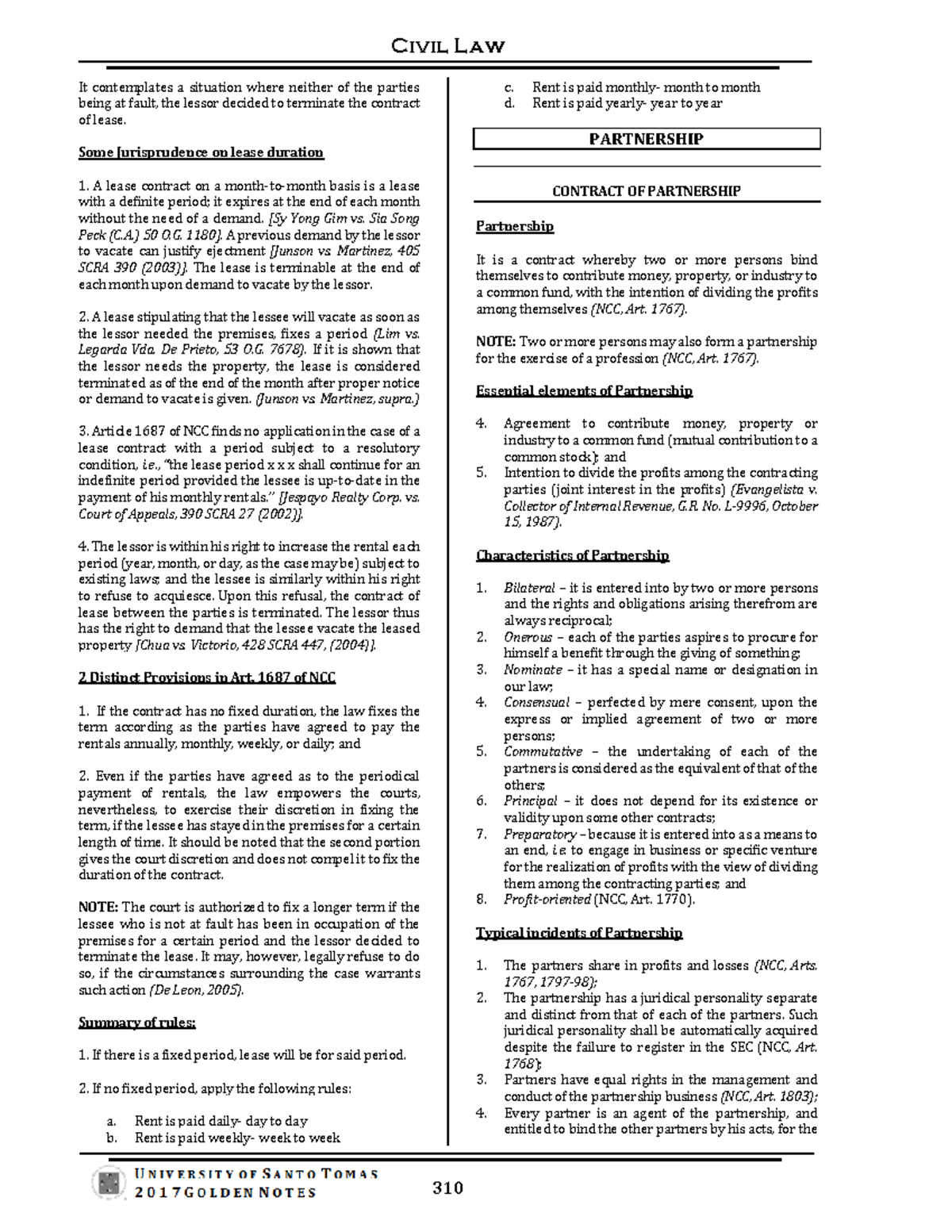 UST Civil Law Golden Notes - Partnership & Lease Agreements - Studocu