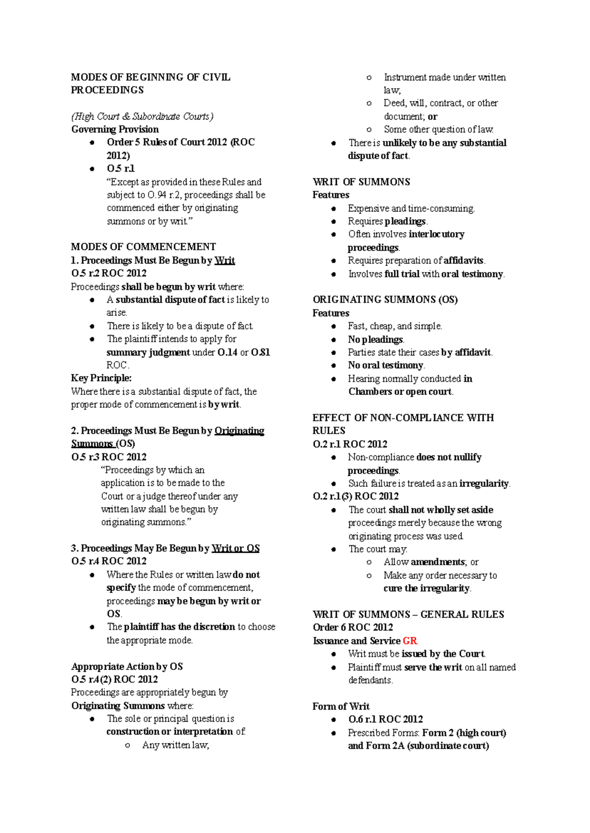 Civil Proceedings Commencement Modes: ROC 2012 Overview - Studocu
