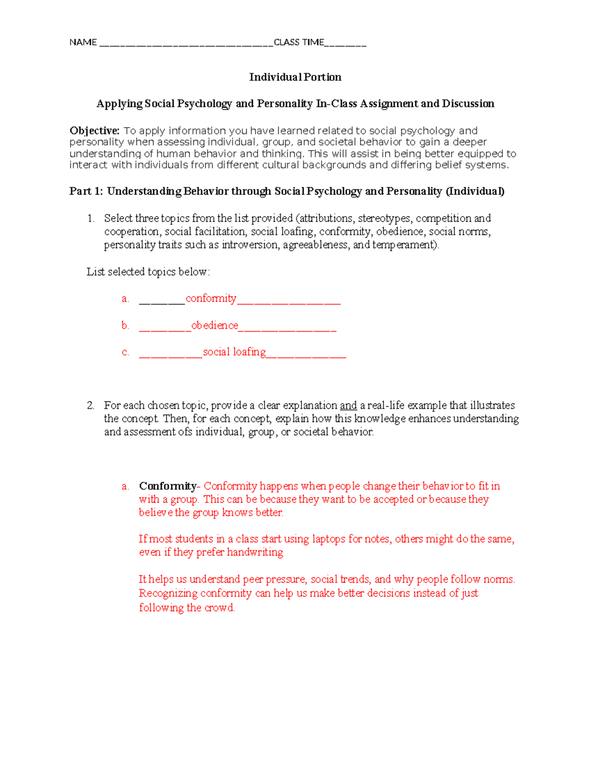 Applying Social Psychology & Personality Concepts - In-Class Assignment ...