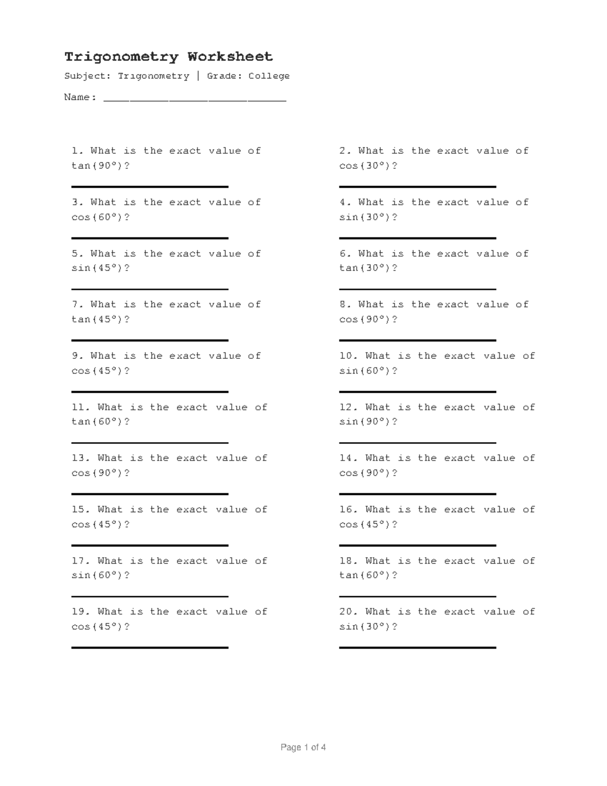 Trigonometry Worksheet 6: Exact Values & Problem Solving - Studocu