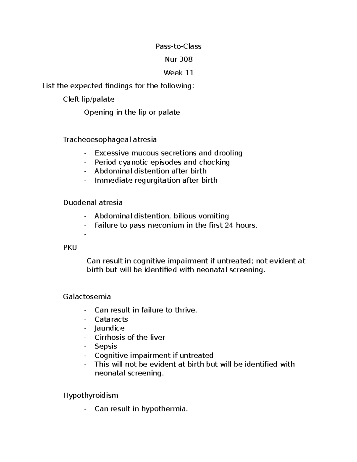 Nur 308 Week 11: Pass-to-Class Expected Findings Overview - Studocu