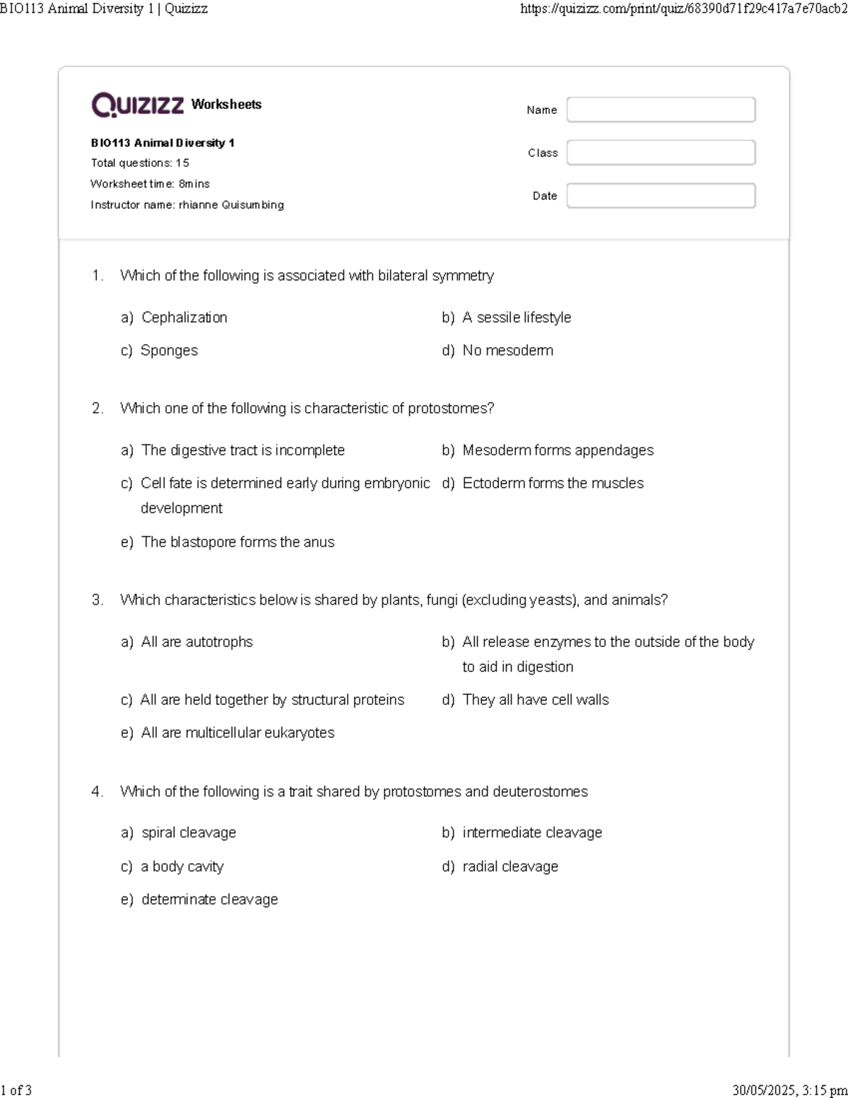 BIO113 Animal Diversity 1 Quizizz Worksheet 1 of 3 - Studocu