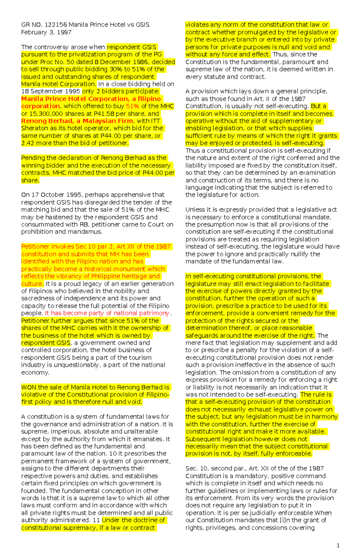 Statcon Cases and Digests as of 10062022 - GR NO. 122156 Manila Prince Hotel vs GSIS February 3 ...