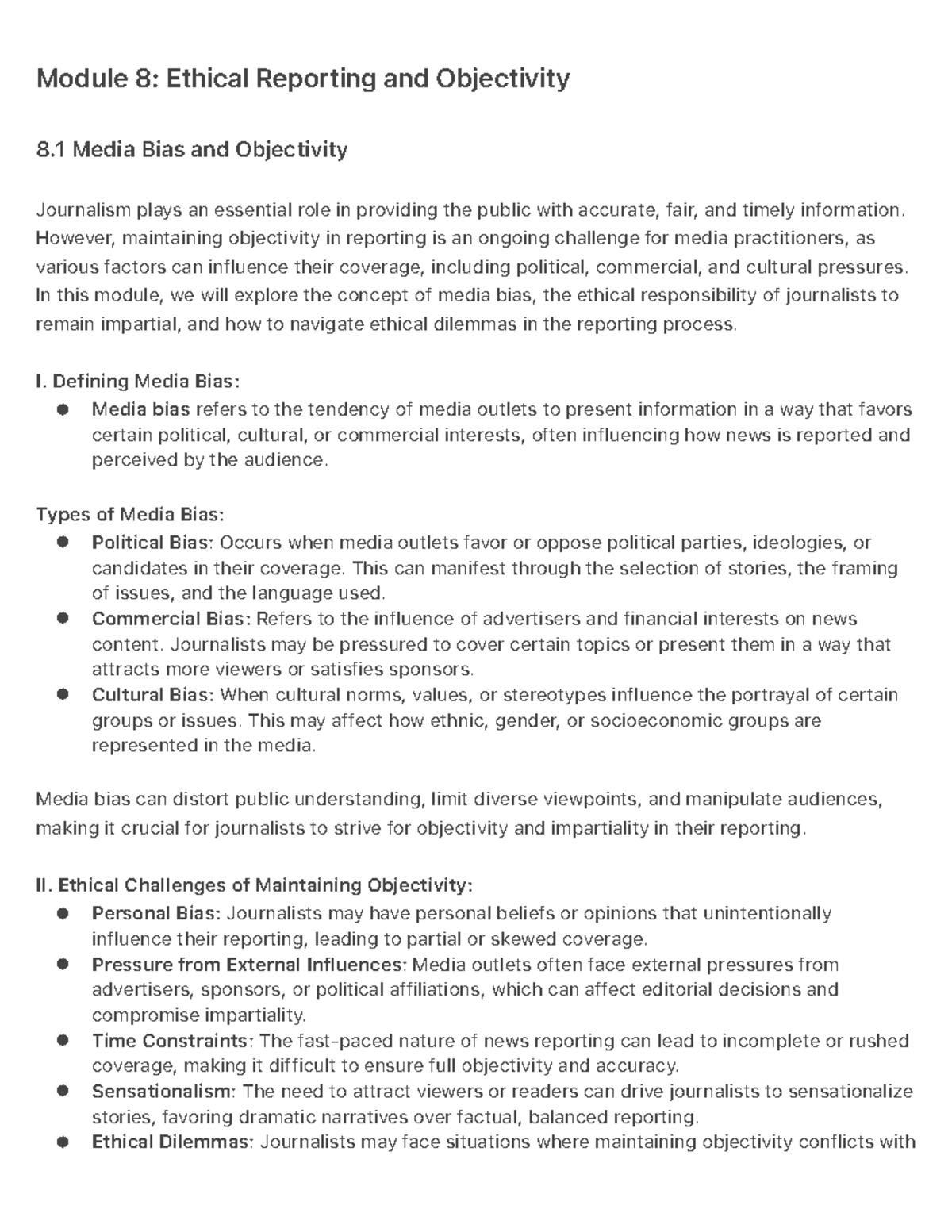 Module 8: Ethical Reporting & Objectivity in Journalism - Studocu