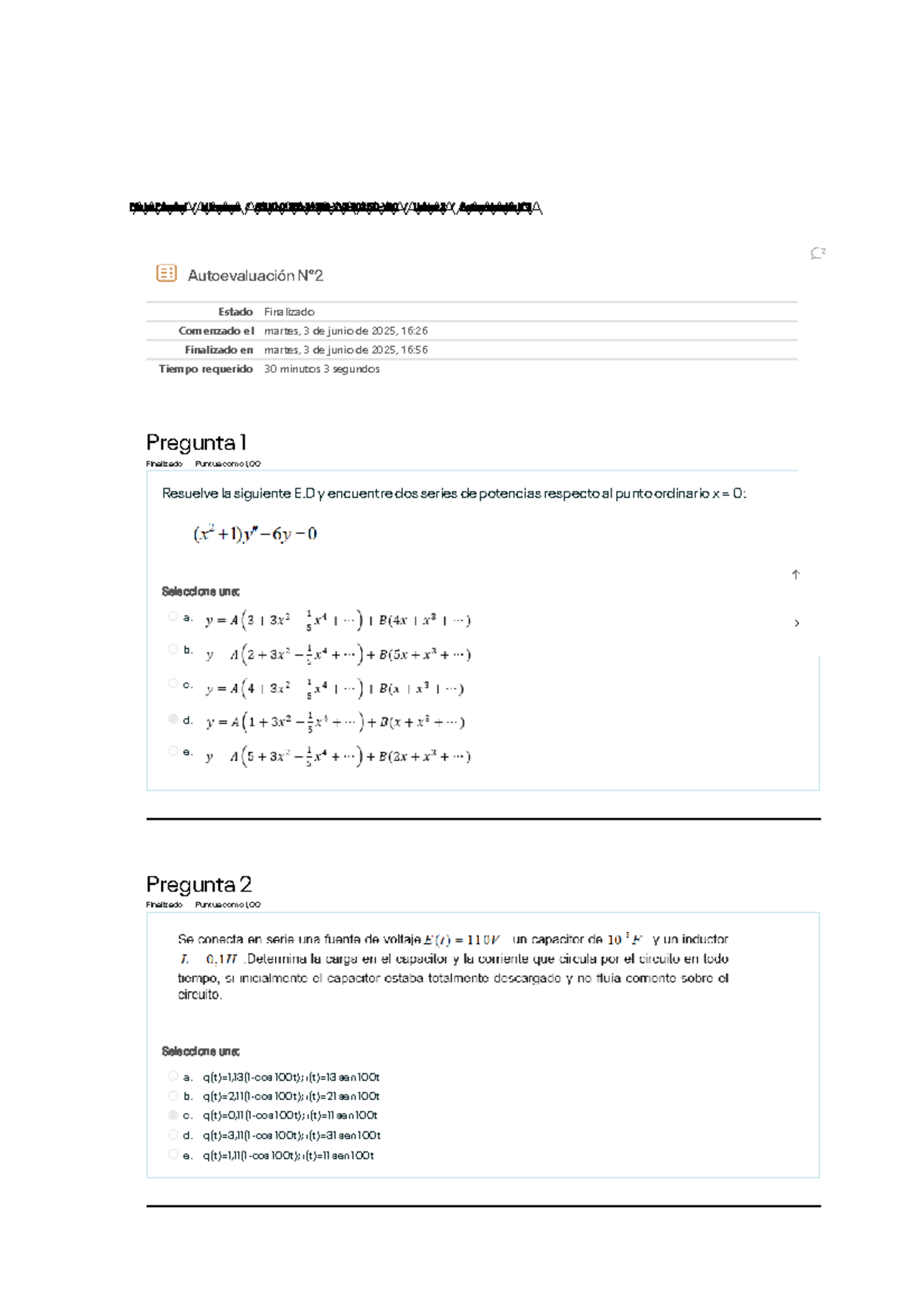 Autoevaluación N°2: Ecuaciones Diferenciales y Series de Potencias - Studocu