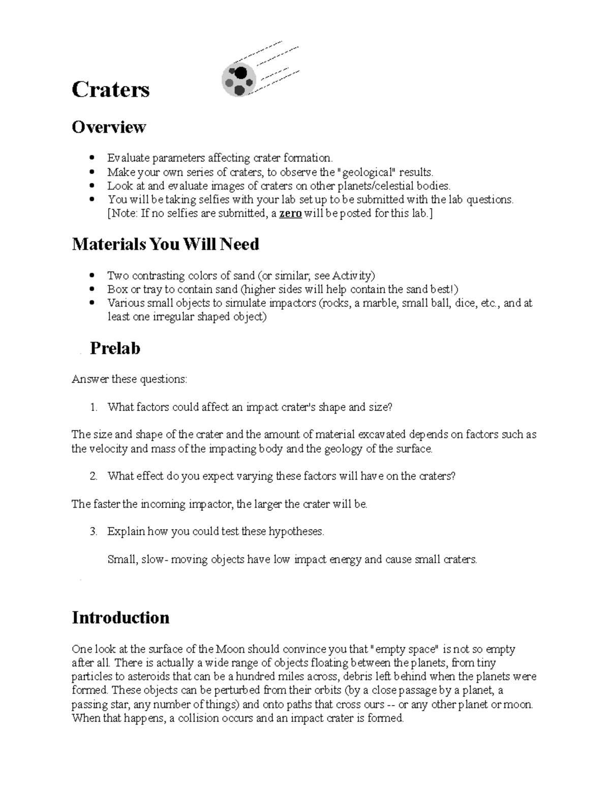 Lab 5- Craters - notes - Craters Overview Evaluate parameters affecting ...