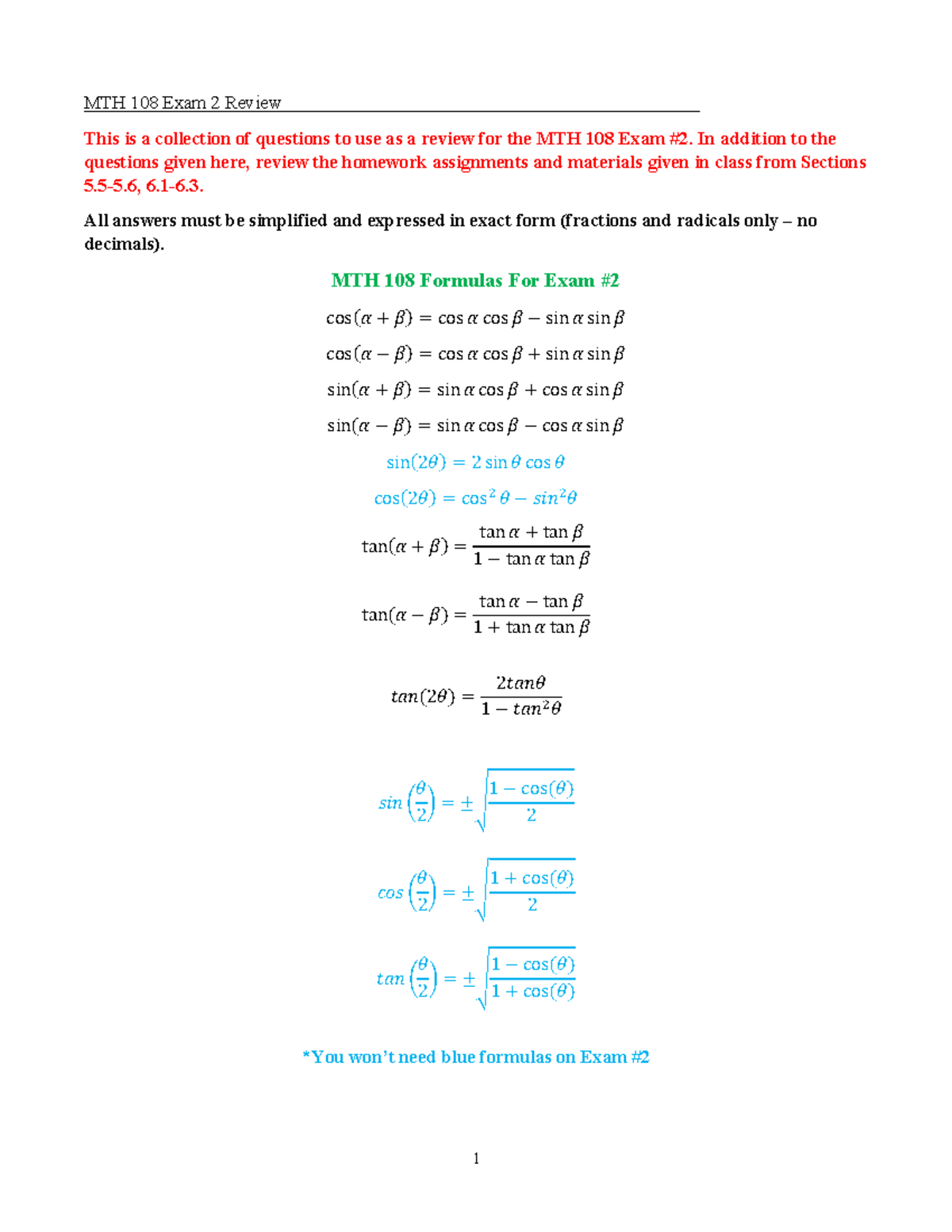 MTH 108 Exam 2 Comprehensive Review Questions and Formulas - Studocu
