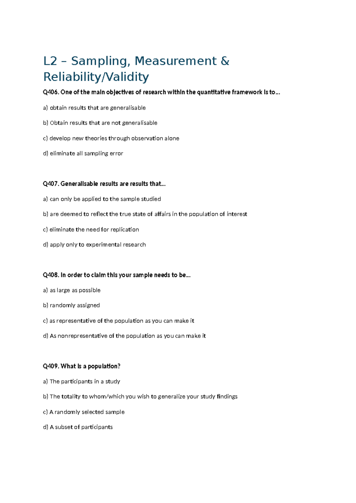 L2 Sampling & Measurement MCQ Study Guide Q406-Q470 - Studocu