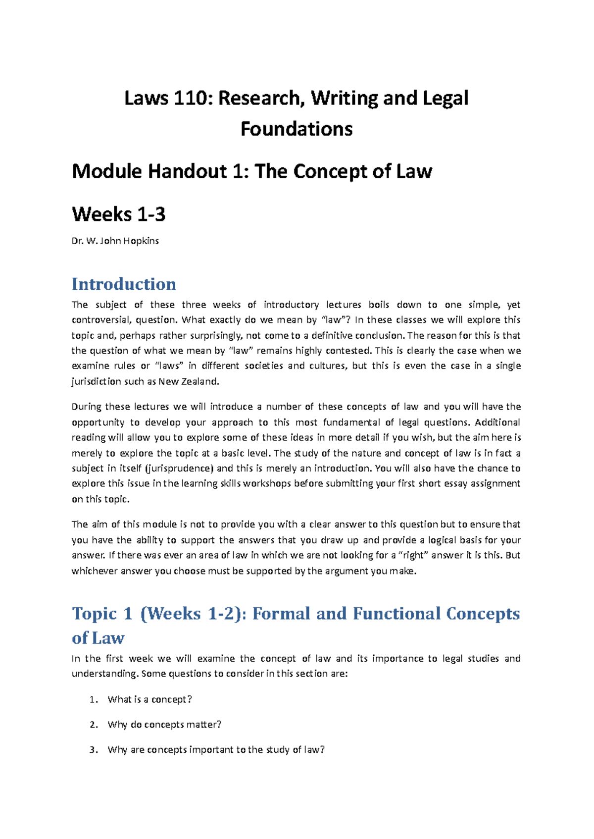 Module 1- Class Handout 2024 - Laws 110: Research, Writing and Legal ...