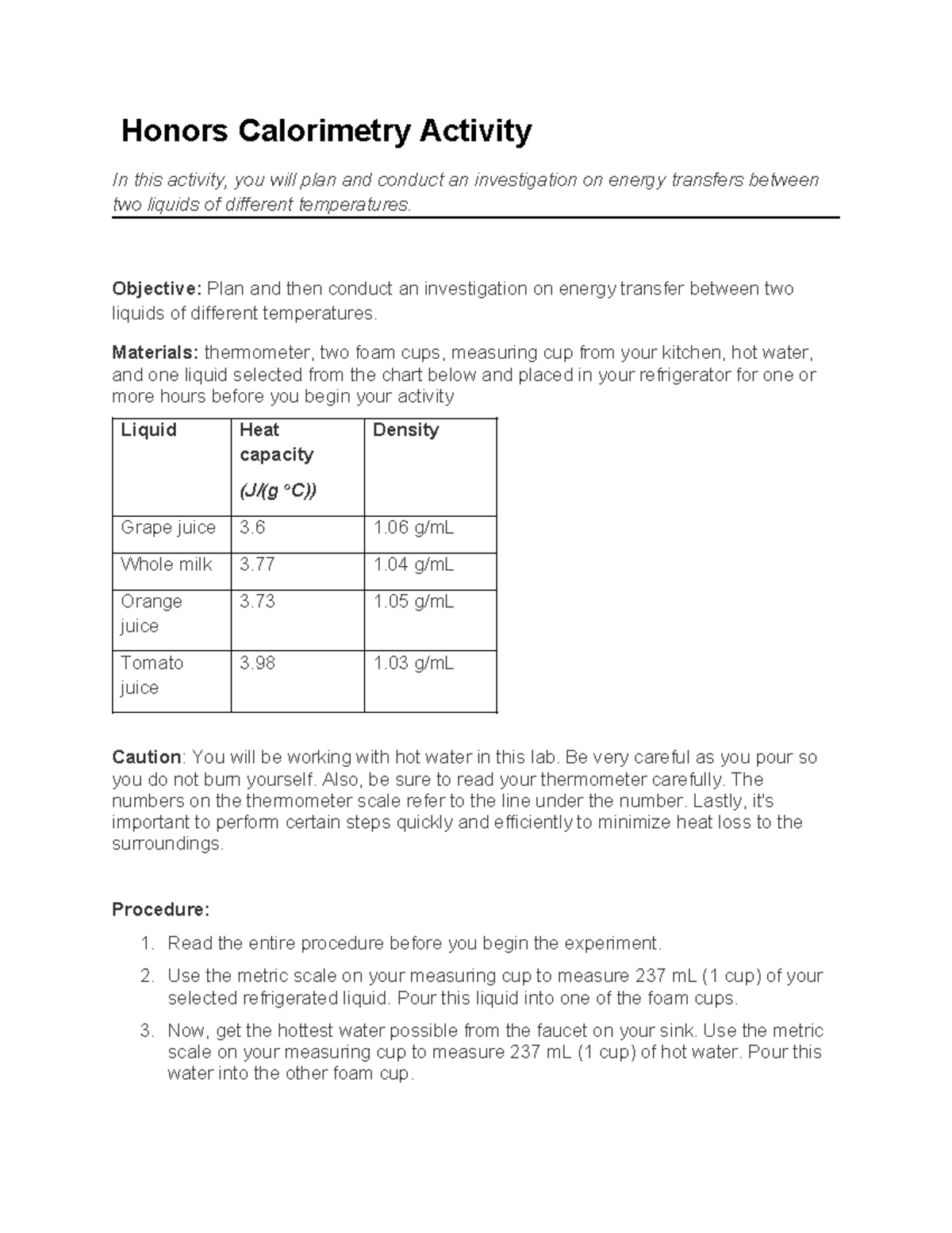 Honors chemistry 3.8 calorimetry activity and investigation notes - Studocu