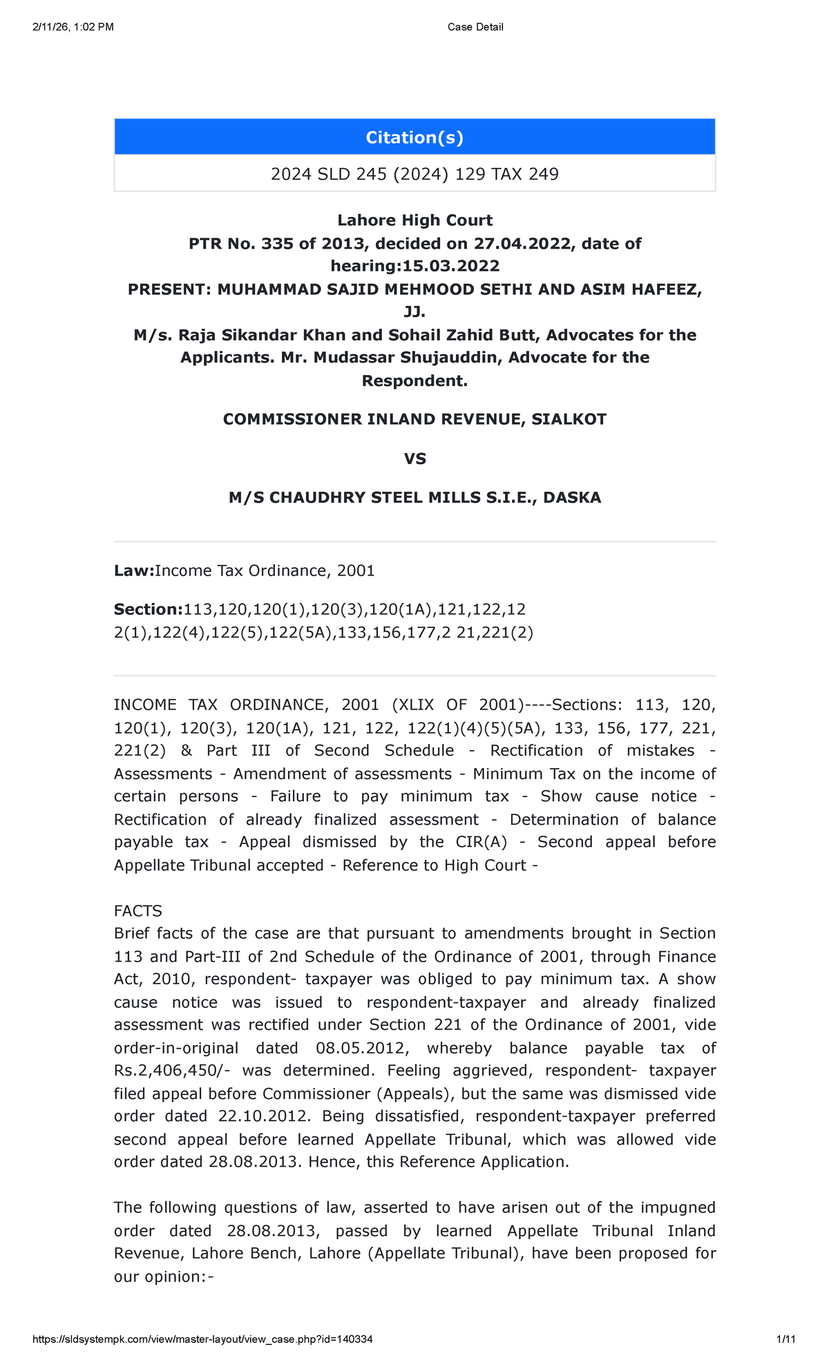 LHC 221 - Judgment on Income Tax Ordinance 2001 Section 221 - Studocu