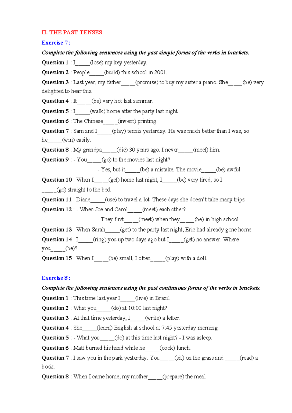 BÀI TẬP ChuyêN ĐỀ 1: PAST Tenses Exercises - Studocu