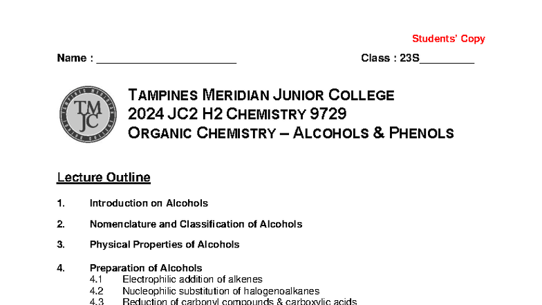 TAMPINES MERIDIAN JUNIOR COLLEGE 2024 JC2 H2 CHEMISTRY 9729 LECTURE ON ...