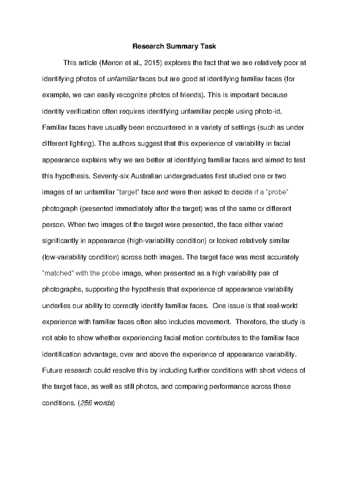 Research Summary Task: Familiar vs. Unfamiliar Face Recognition - Studocu