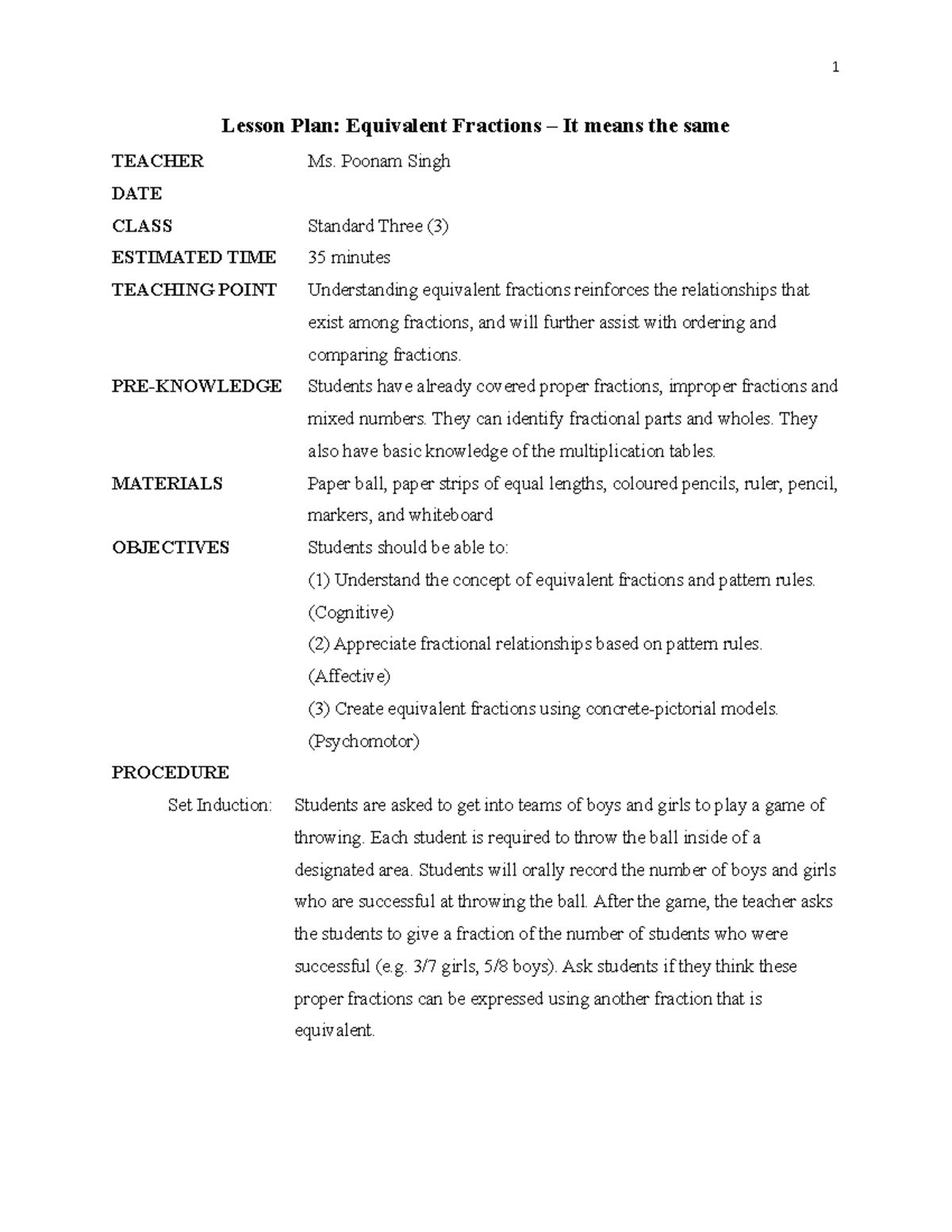 Lesson Plan on Equivalent Fractions for Std 3 Students - Studocu