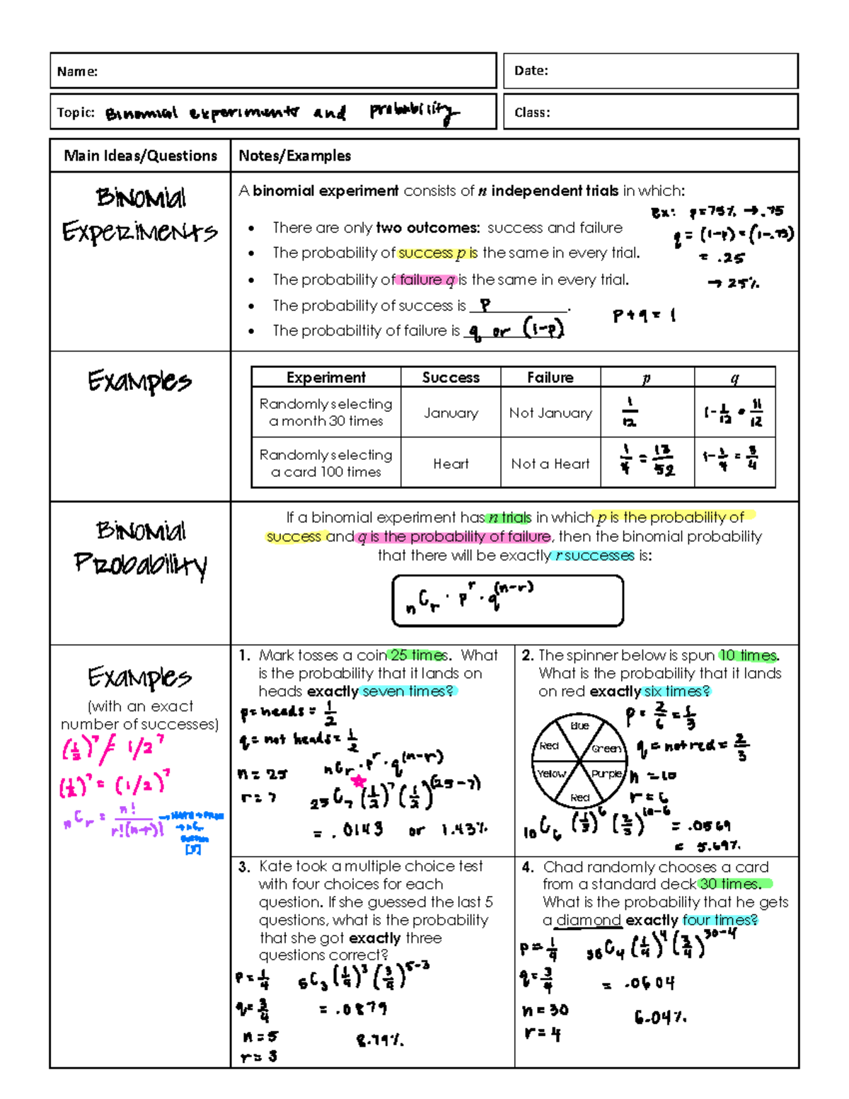 Binomial Experiments and Probability Notes (MATH 101) - Studocu