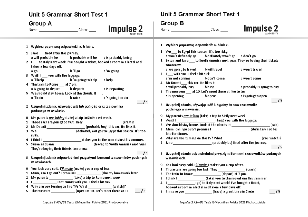 Unit 5 Grammar Short Test 1: Groups A & B - Studocu