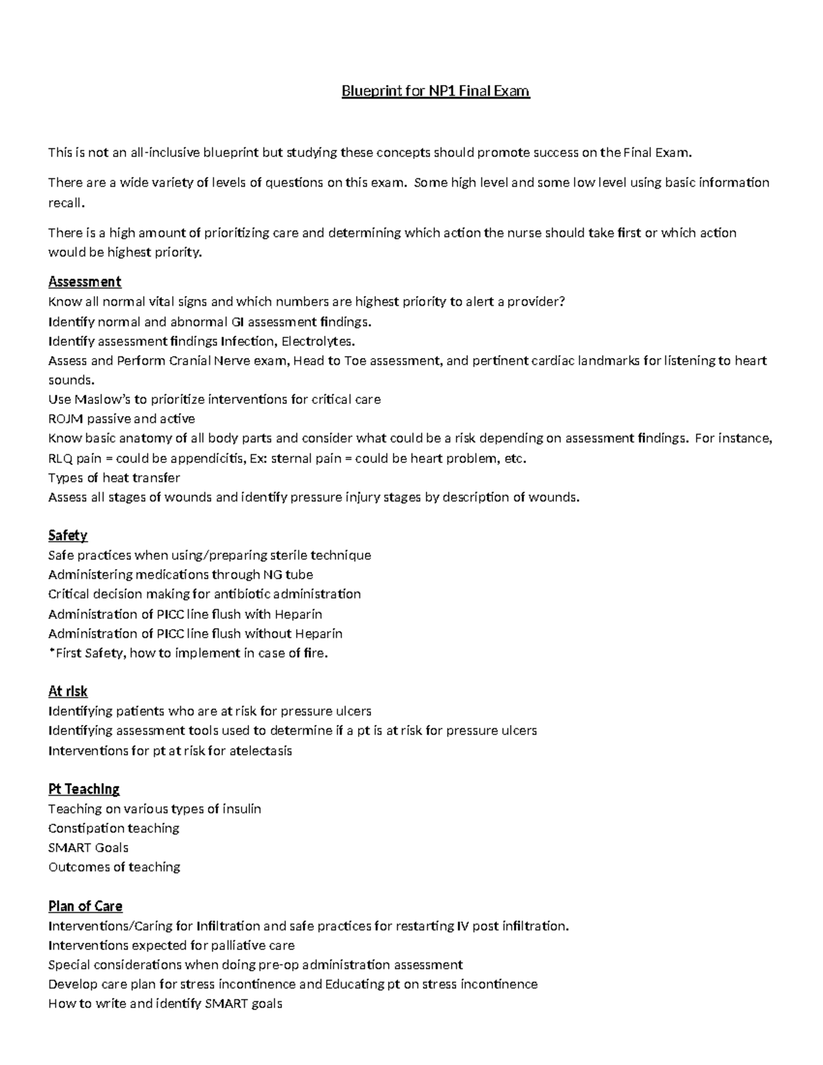 Updated Blueprint for NP1, Final Exam Study Guide - Studocu