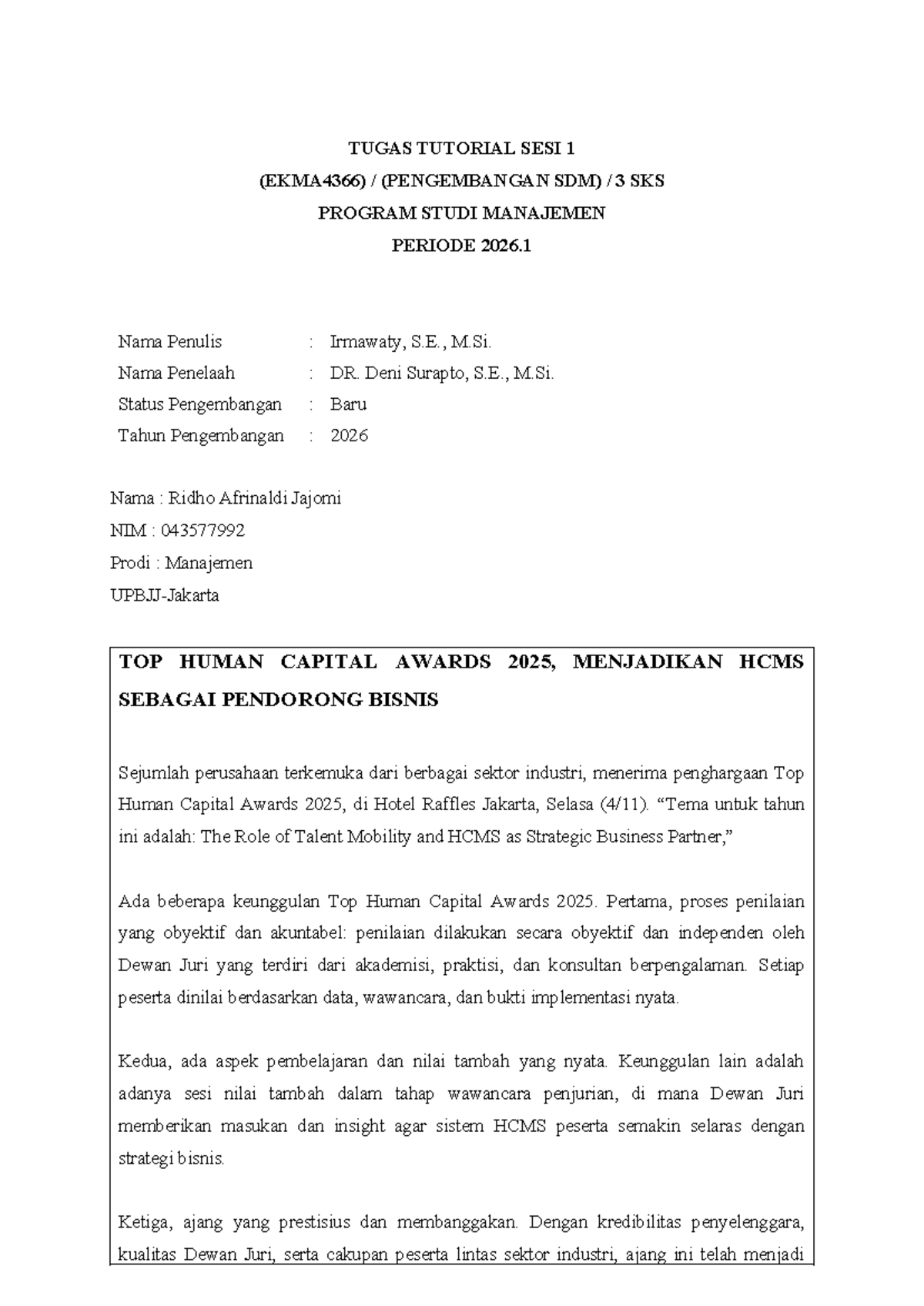TUGAS TUTORIAL SESI 1 (EKMA4366) - HUMAN CAPITAL AWARDS 2025 - Studocu