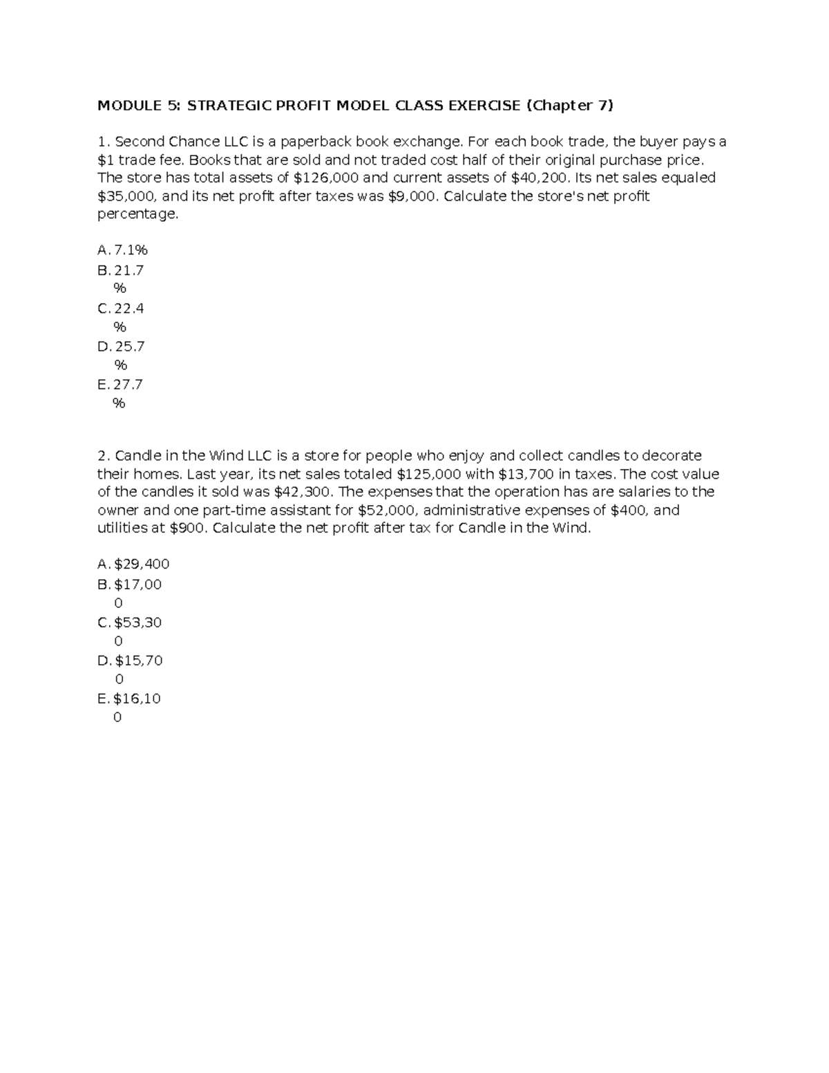 Strategic Profit Model Class Exercise: Analysis & Calculations - Studocu