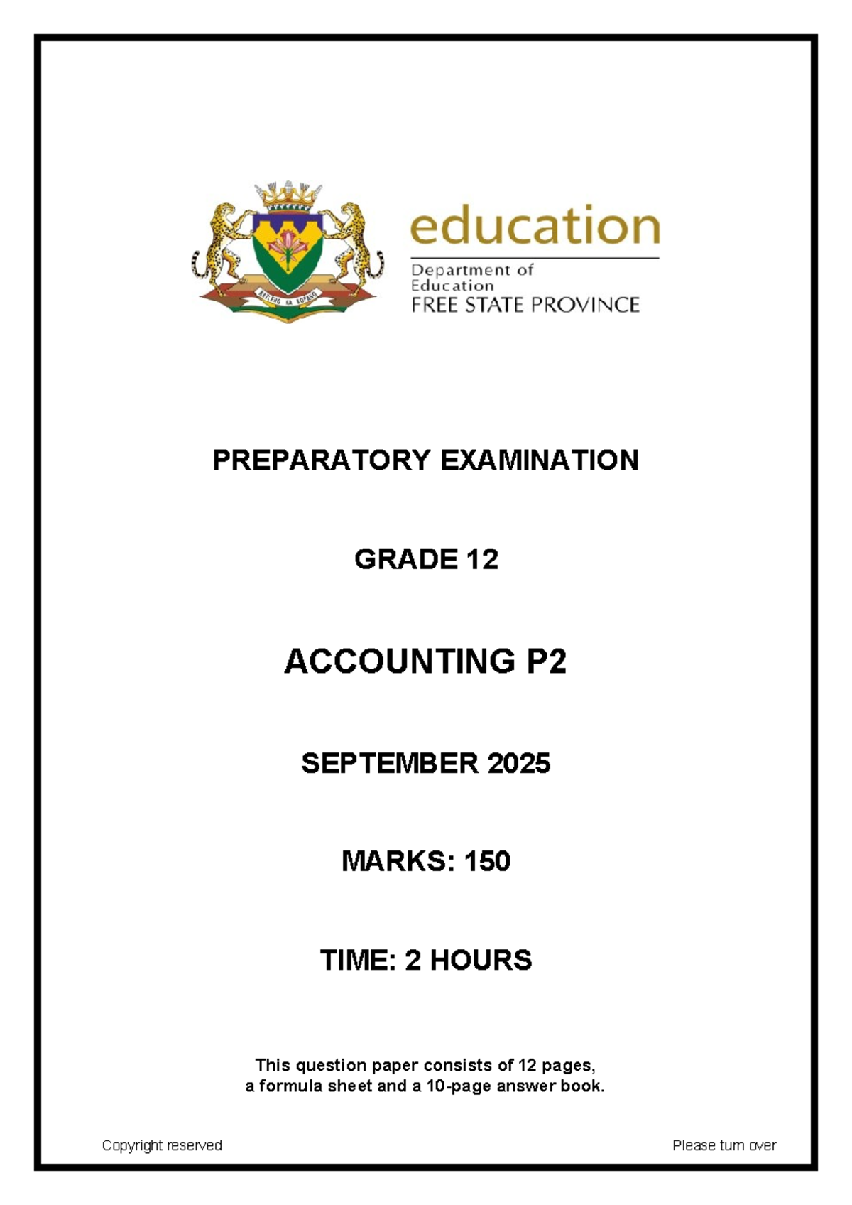 Accounting P2 Grade 12 Prep Exam September 2025 Question Paper - Studocu