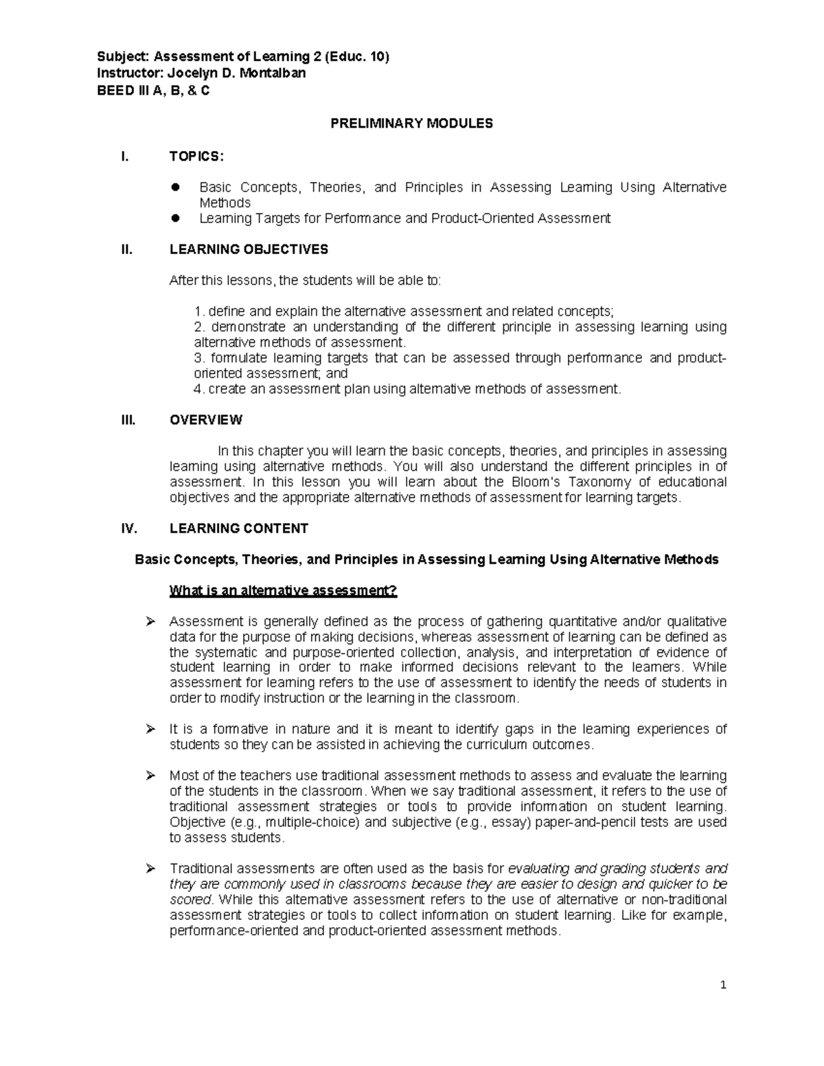 Assessment 2 - Prelim Module: Alternative Methods in Learning Evaluation - Studocu