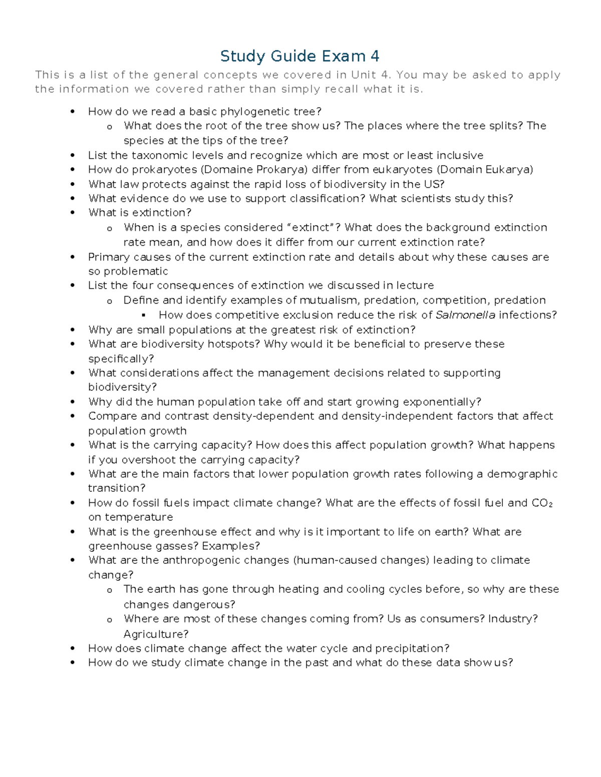 Study Guide for Exam 4: Concepts from Unit 4 in Biodiversity - Study ...