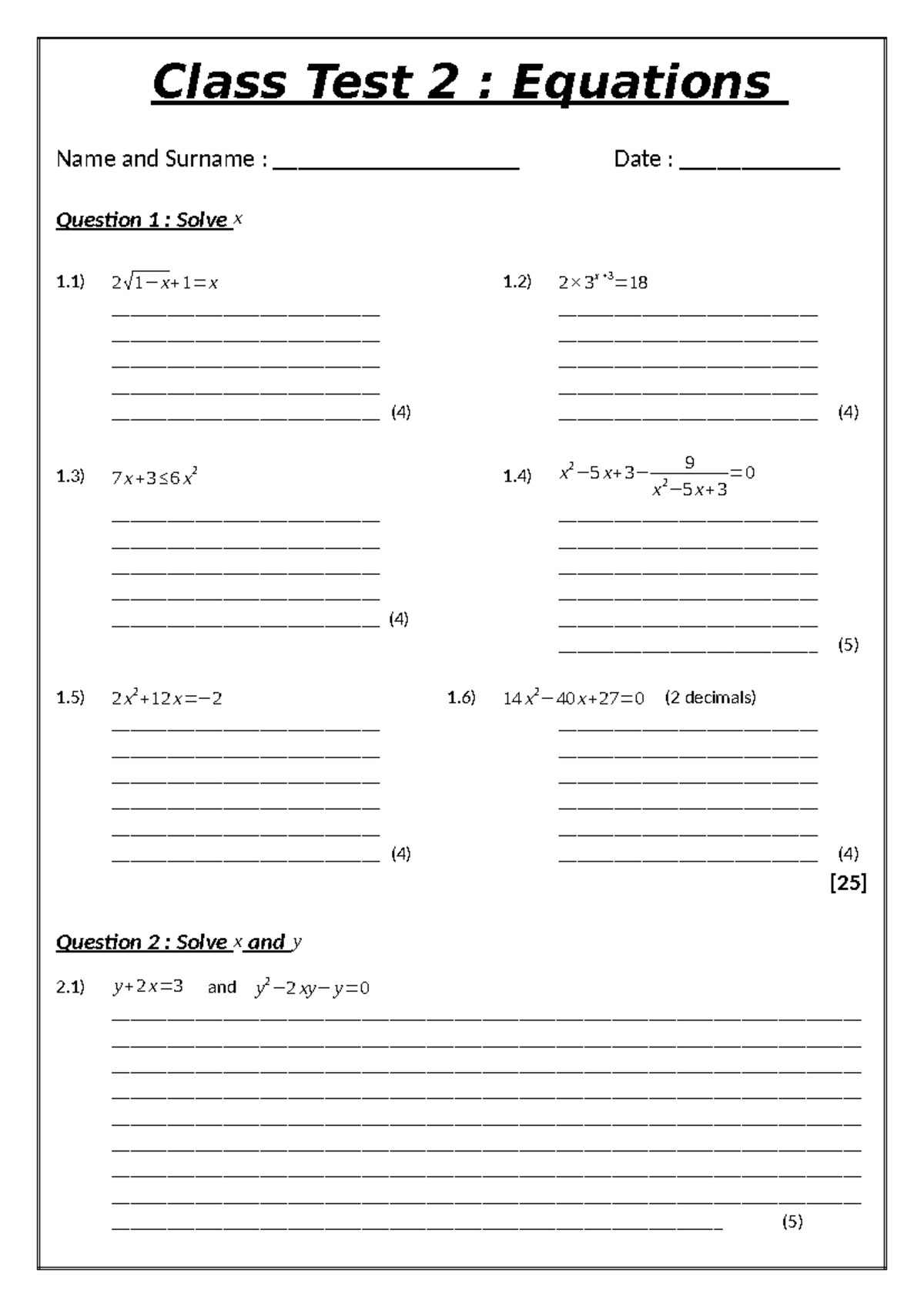 Classtest 2 - Quadratic Equations - Class Test 2 : Equations Name and ...