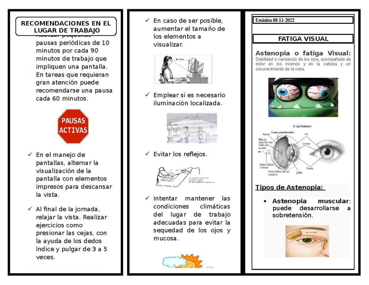 Folleto Fatiga Visual - Realizar pequeñas pausas periódicas de 10 ...