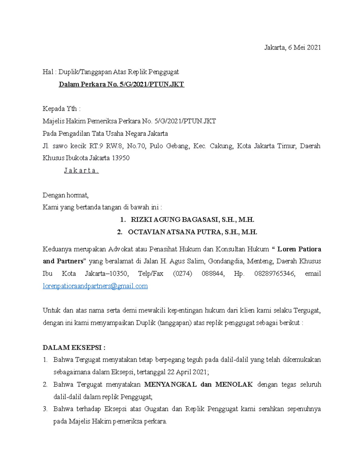 Duplik Tanggapan Atas Replik Penggugat No. 5/G/2021/PTUN.JKT - Studocu