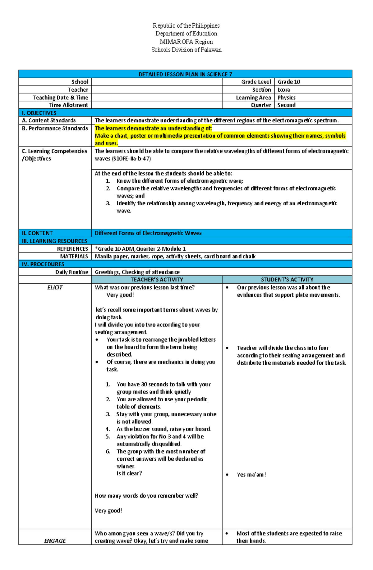 Detailed Lesson Plan: Electromagnetic Waves (Science 10) - Studocu