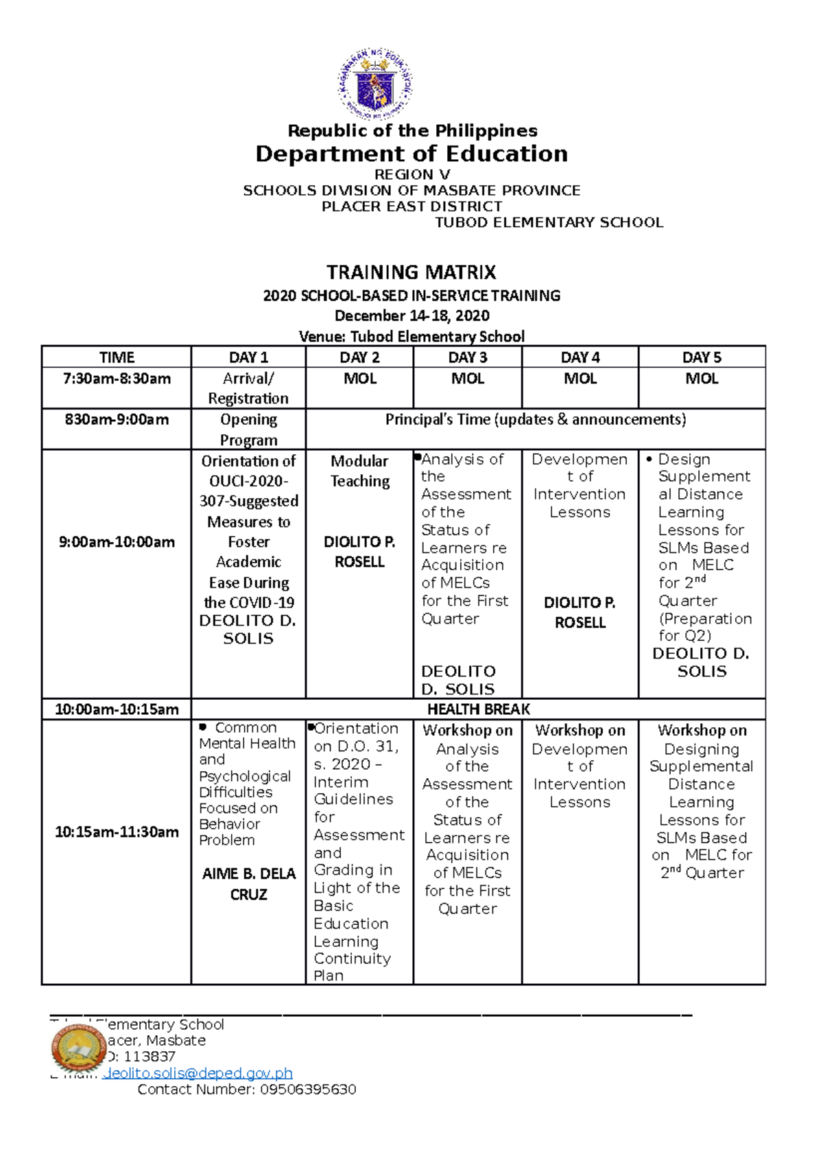 Training Matrix - Inset - Department of Education REGION V SCHOOLS ...