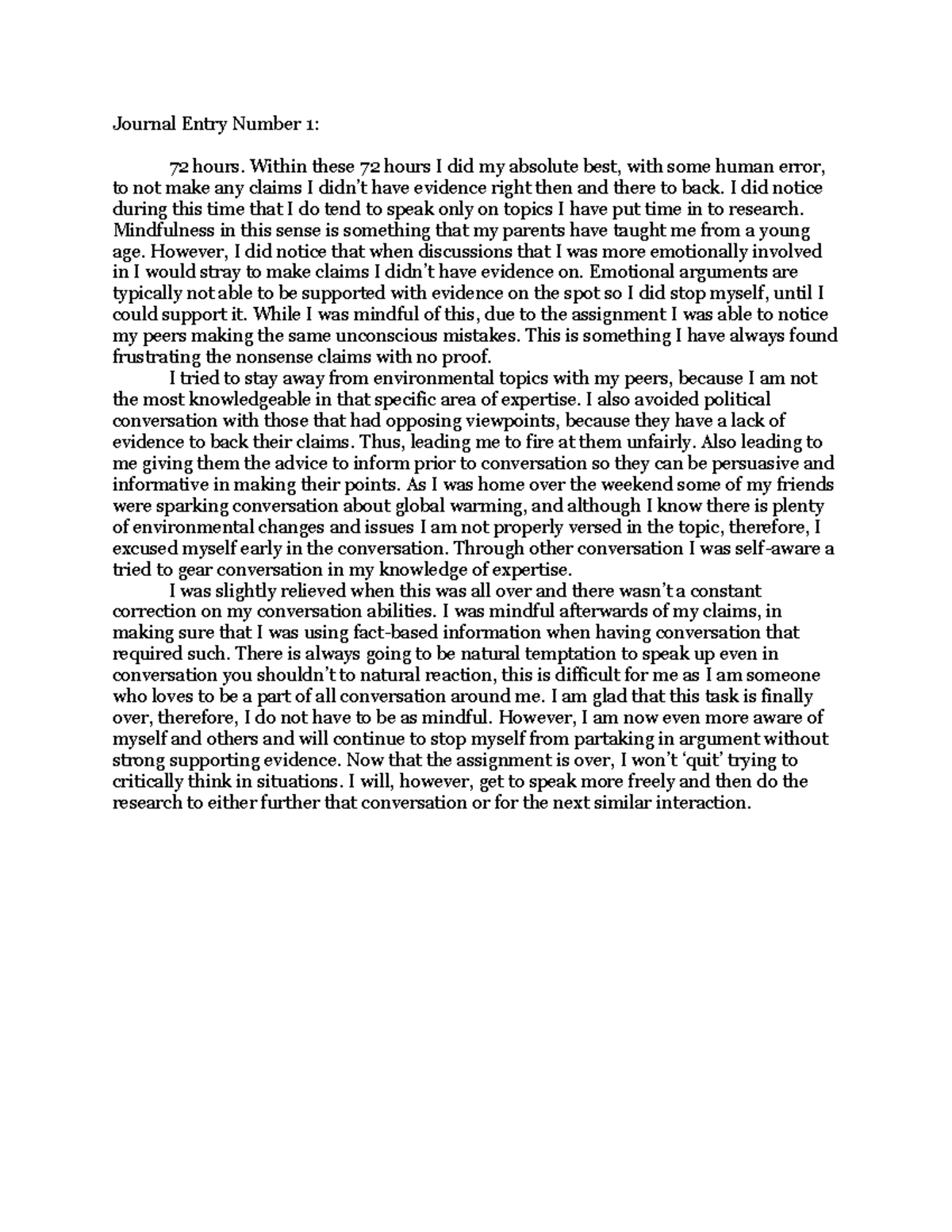 Philosophy Journal Entries - Journal Entry Number 1: 72 hours. Within ...