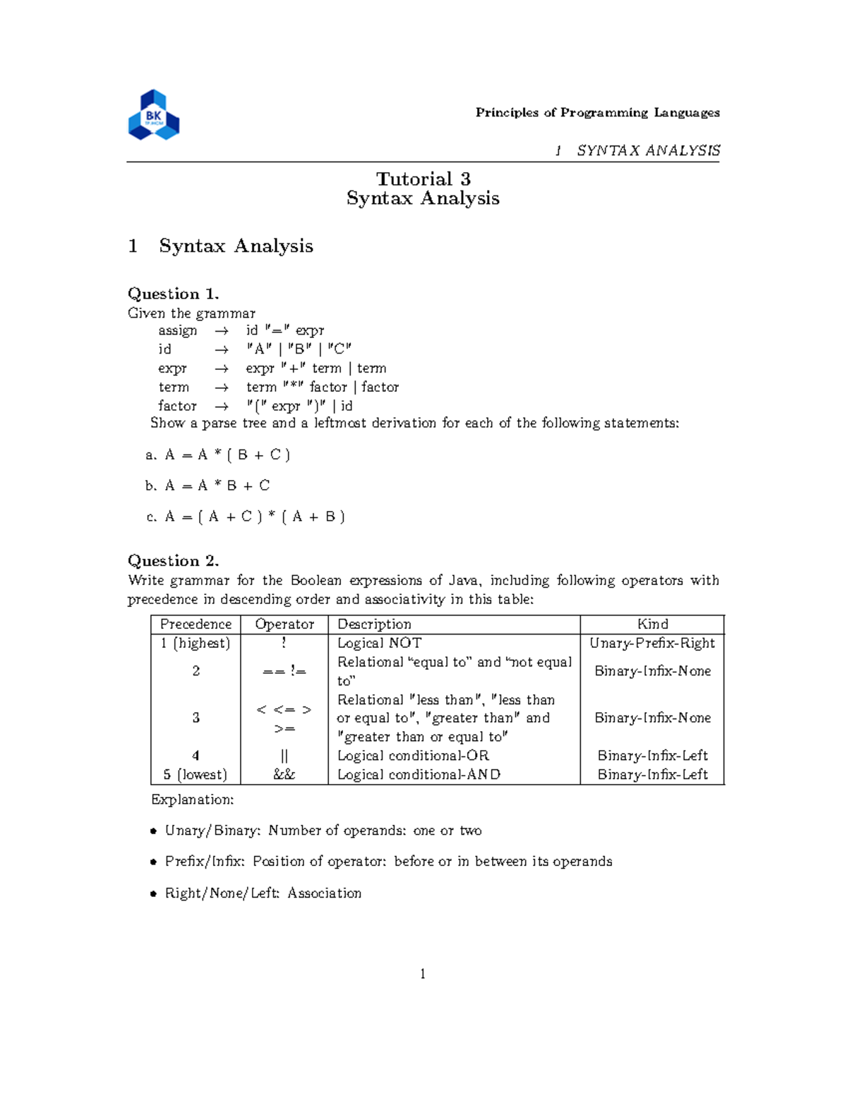 Principles of Programming Languages 1: Syntax Analysis Tutorial 3 - Studocu