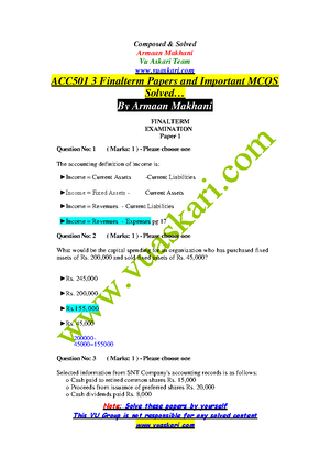 ACC501 Solved Current Papers Mcqs (200) 3(www.vukwl - **ACC 501 Mcqs for Final Term Which of the ...