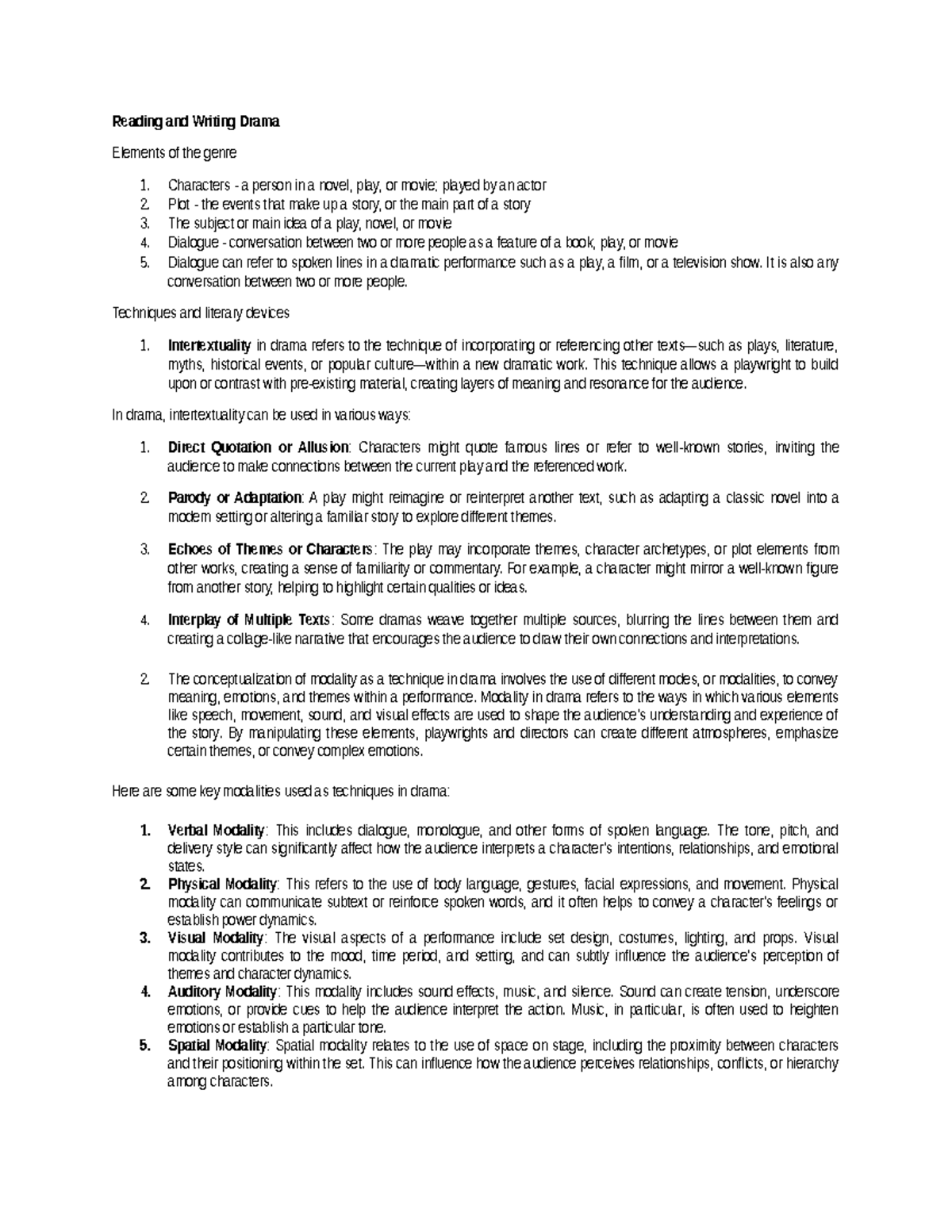 ENG 203: Reading and Writing Drama - Genre Elements & Techniques - Studocu