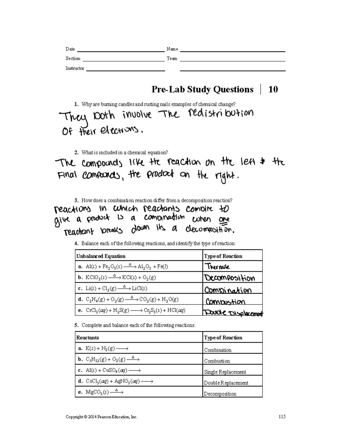 Chemistry 1033 Lab 10 - Chemical Reactions and Equations Guide - Studocu