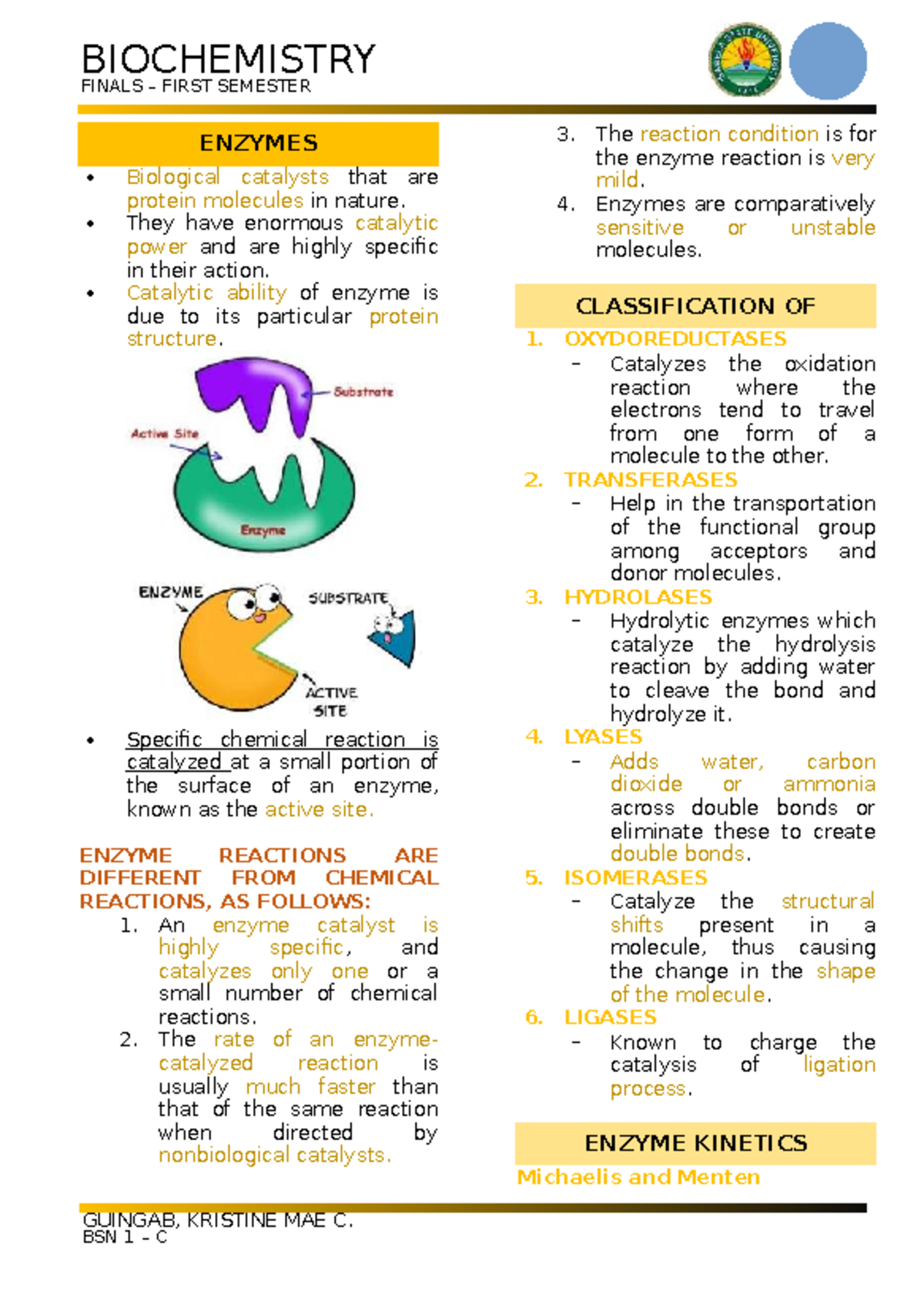 BIOCHEMISTRY FINALS REVIEWER: ENZYMES, METABOLISM & KINETICS - Studocu